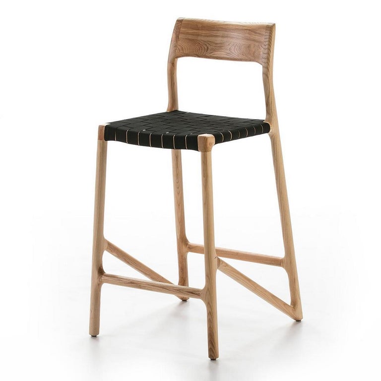 Midcentury Style Black Lacquered Wooden and White Canvas Counter Stool ...