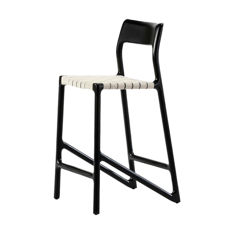 Midcentury Style Black Lacquered Wooden and White Canvas Counter Stool ...