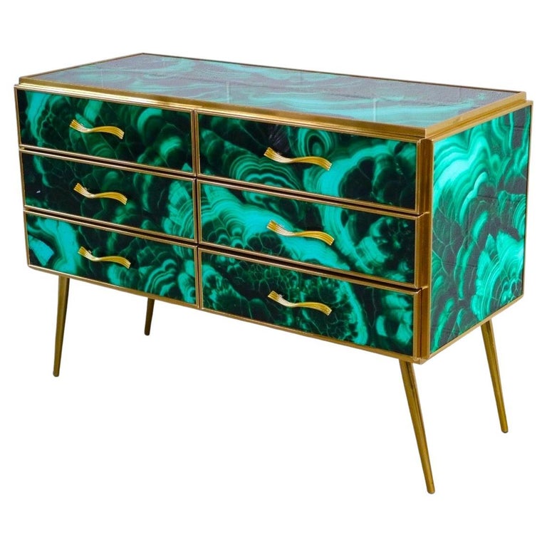 Midcentury Style Brass and Malachite Colored Murano Glass Commode, 2020 ...