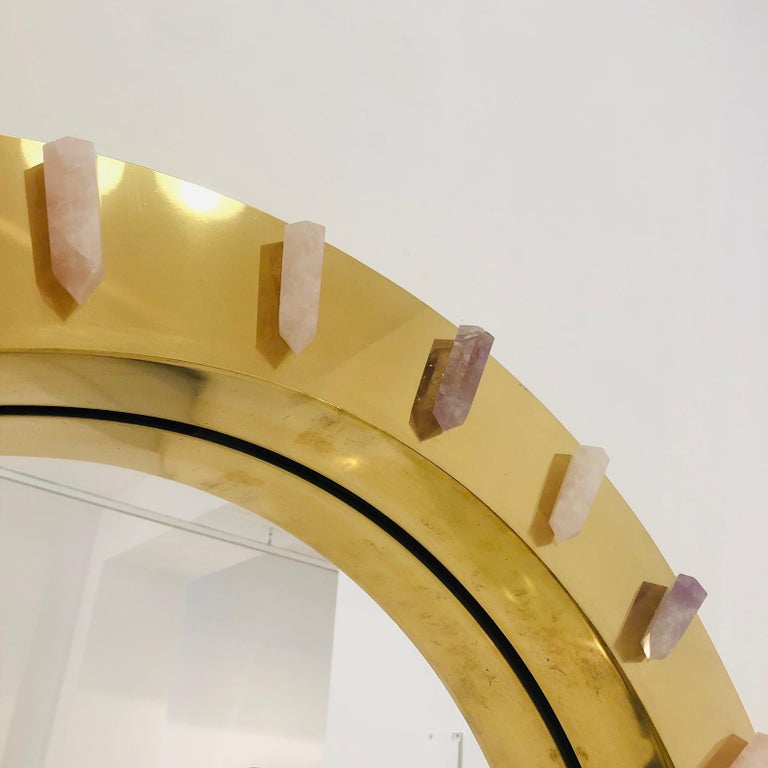 Midcentury Style Made of Brass and Pink Quartz Circular Italian Mirror ...