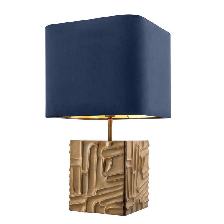 Midcentury Style Vintage Brass Table Lamp with Blue Velvet Shade at 1stDibs