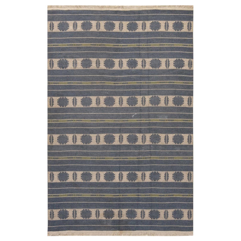 Midcentury Swedish Beige, Blue, Green Double Sided Wool Rug by Doris ...