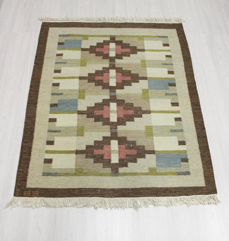 Midcentury Swedish Flat-Weave Carpet with Geometrical Patterns Signed ...