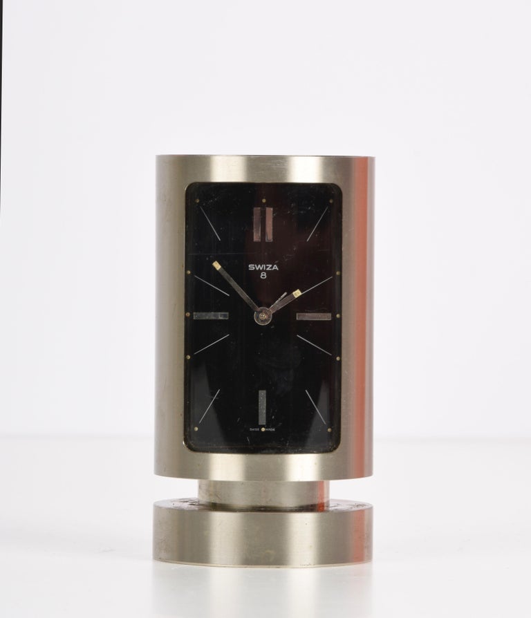 Midcentury Swiza 8 Day Swiss Chromed Steel Table Clock with Alarm Clock ...