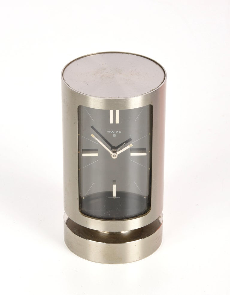 Midcentury Swiza 8 Day Swiss Chromed Steel Table Clock with Alarm Clock ...
