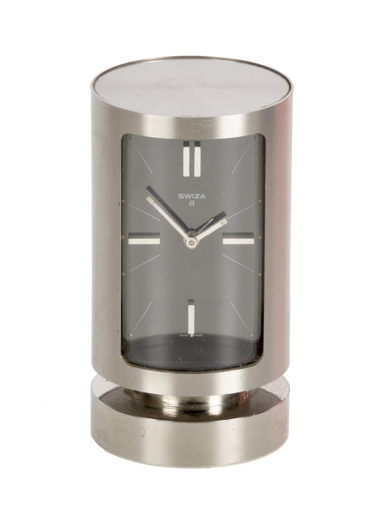 Midcentury Swiza 8 Day Swiss Chromed Steel Table Clock with Alarm Clock ...