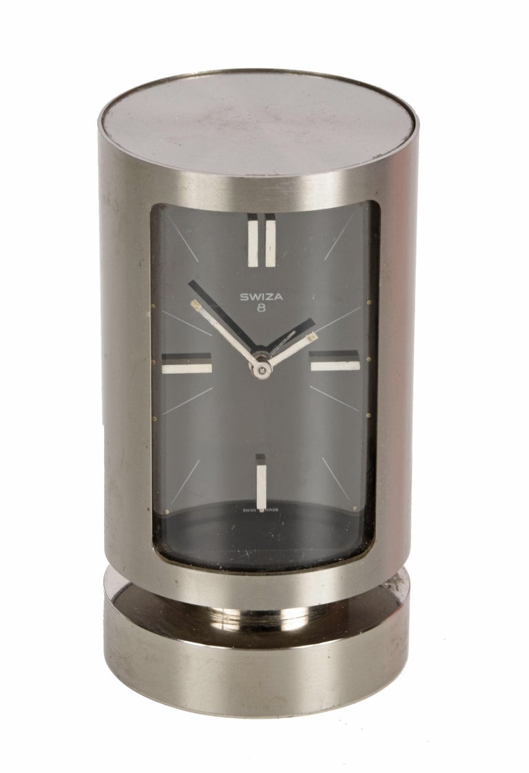 Midcentury Swiza 8 Day Swiss Chromed Steel Table Clock with Alarm Clock ...