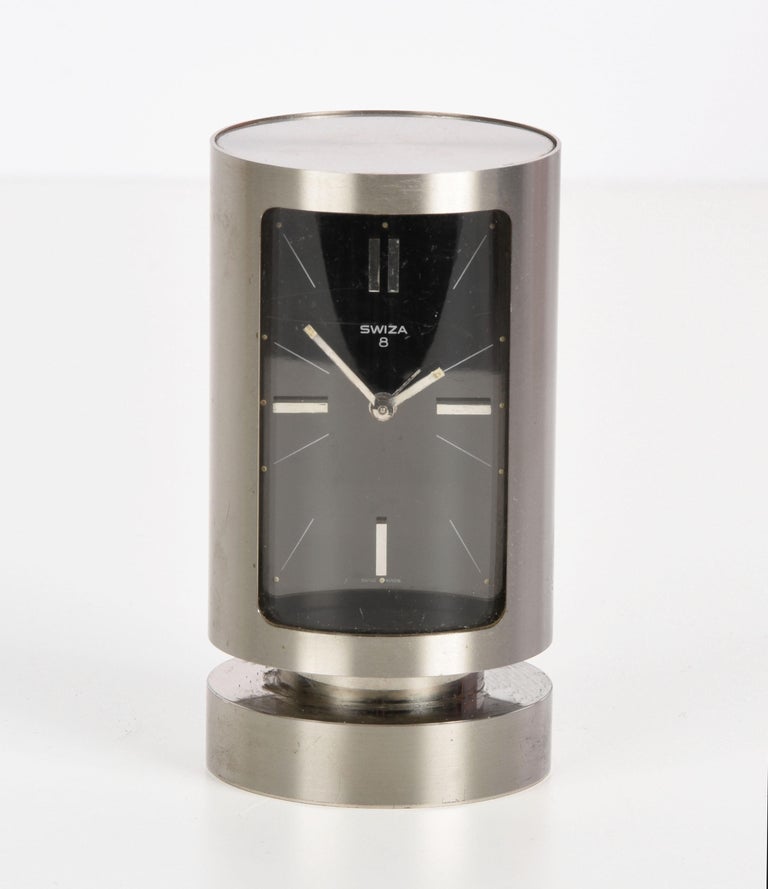Midcentury Swiza 8 Day Swiss Chromed Steel Table Clock with Alarm Clock ...