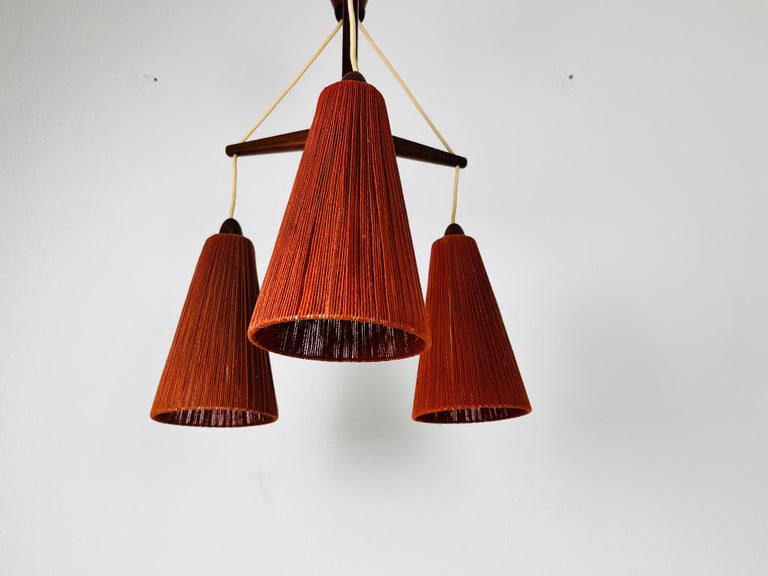 Midcentury Teak and Cord Shade Hanging Lamp by Temde, circa 1960 For ...