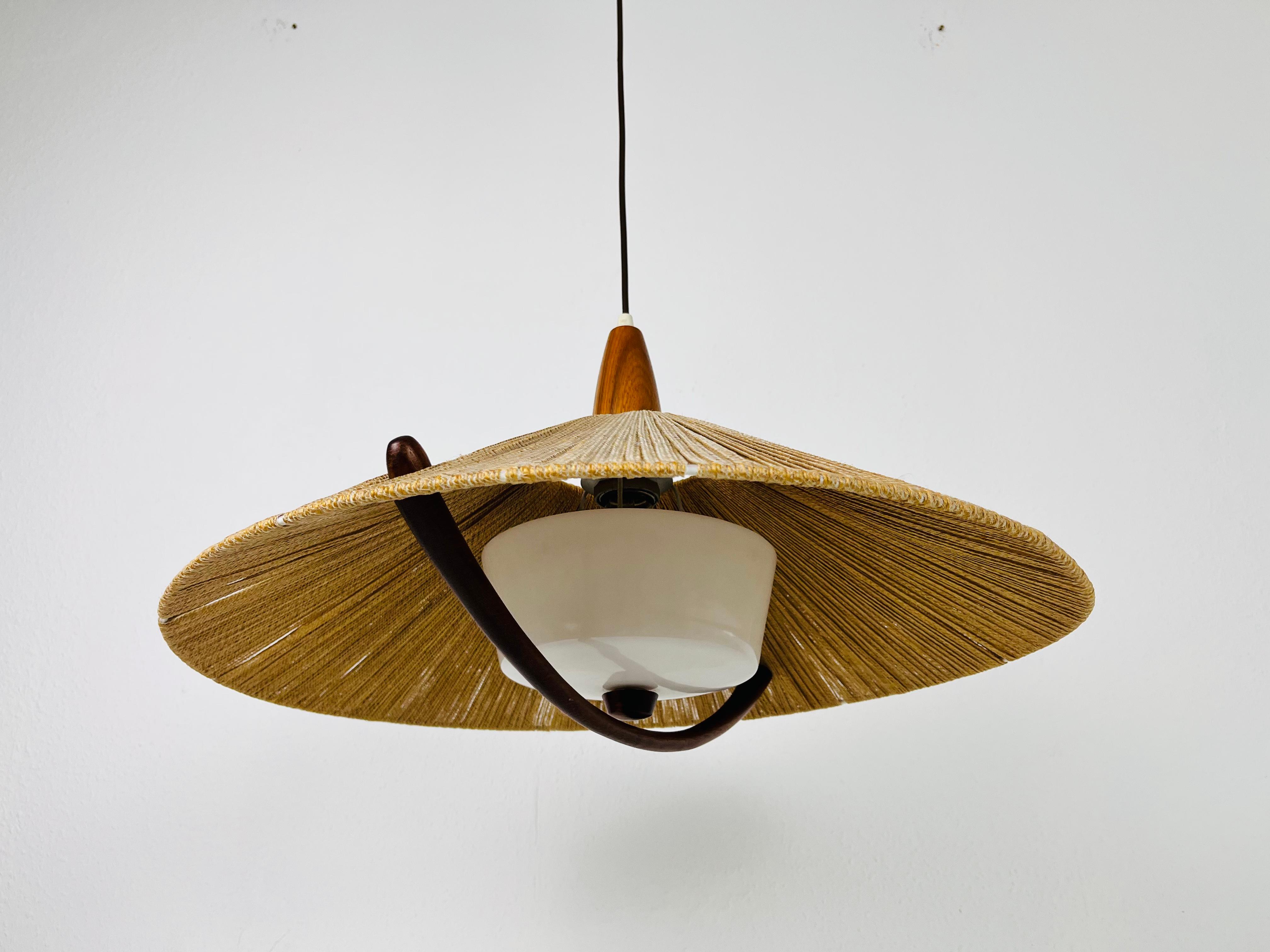Midcentury Teak and Cord Shade Hanging Lamp by Temde, circa 1960 For ...