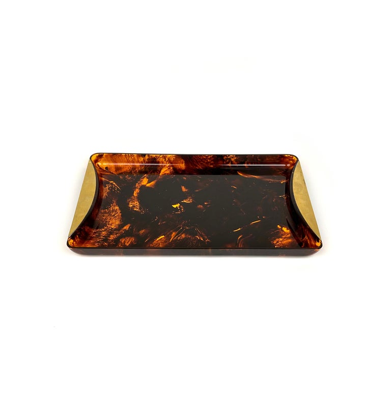 Mid-Century Tortoiseshell Lucite and Brass Serving Tray by Guzzini, Italy, 1970s For Sale at 1stDibs