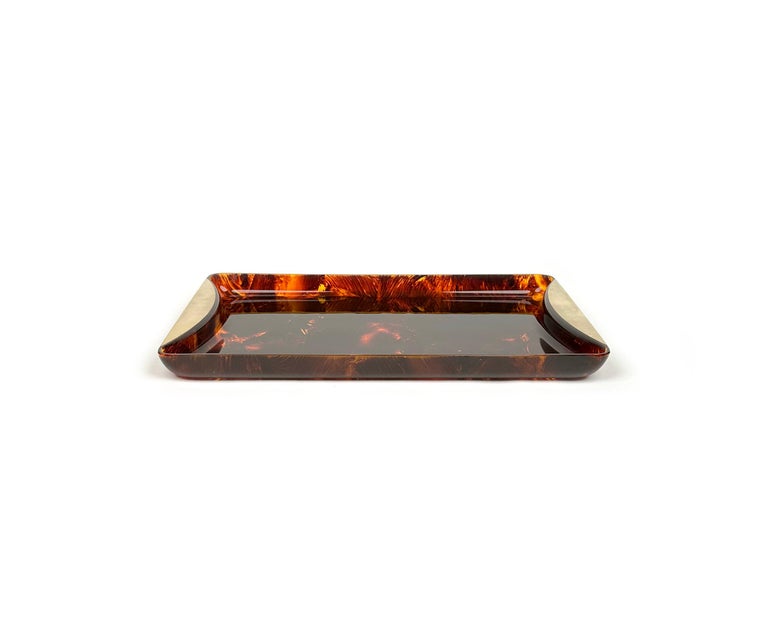 Mid-Century Tortoiseshell Lucite and Brass Serving Tray by Guzzini ...