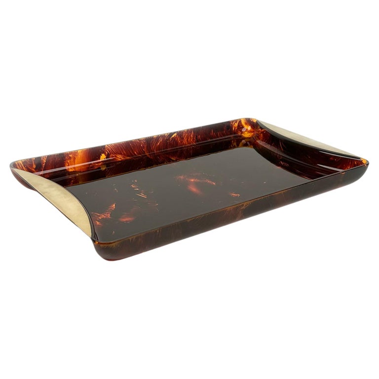 Mid-Century Tortoiseshell Lucite and Brass Serving Tray by Guzzini ...