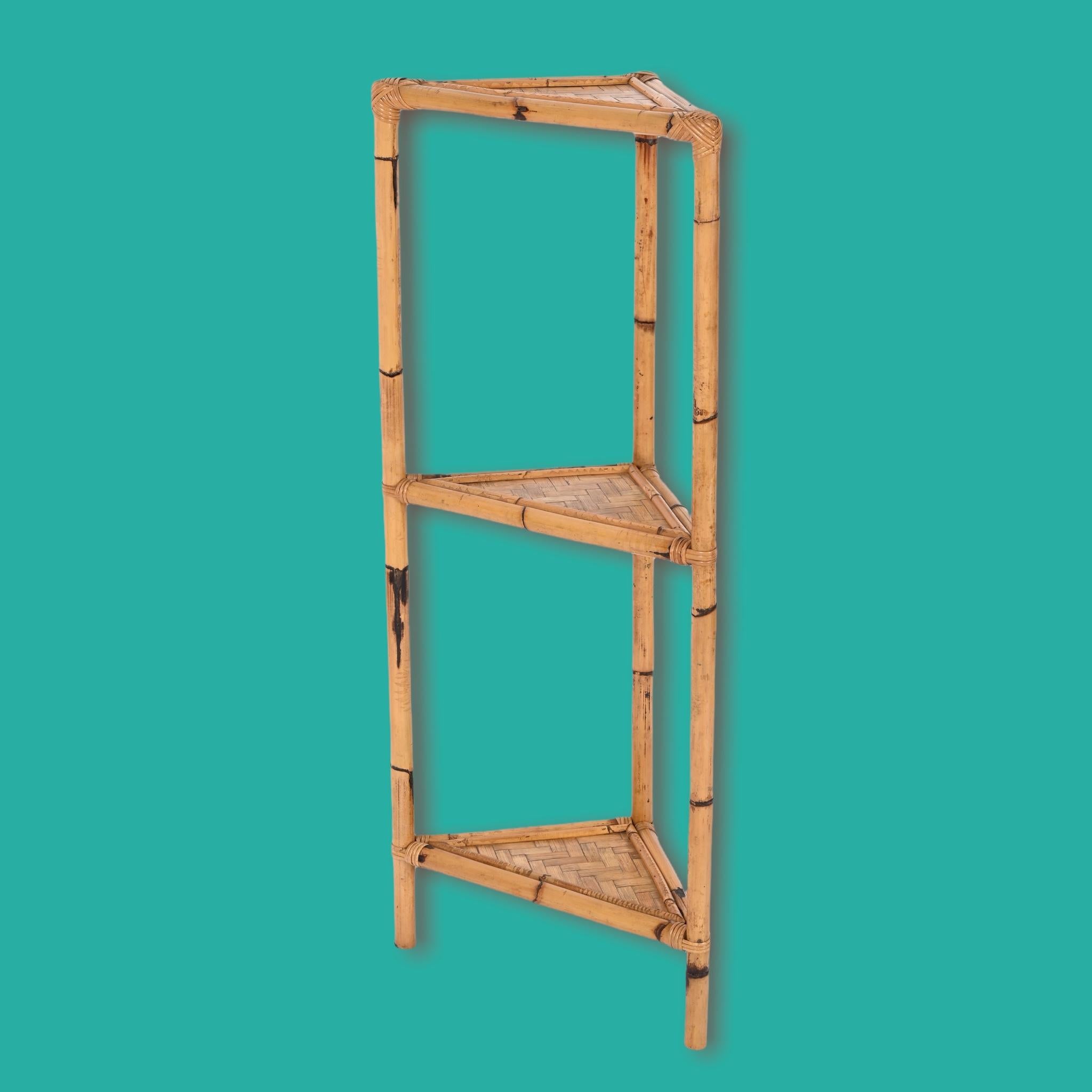Mid-Century Triangular Bamboo and Rattan Italian Corner Bookcase, 1970s ...