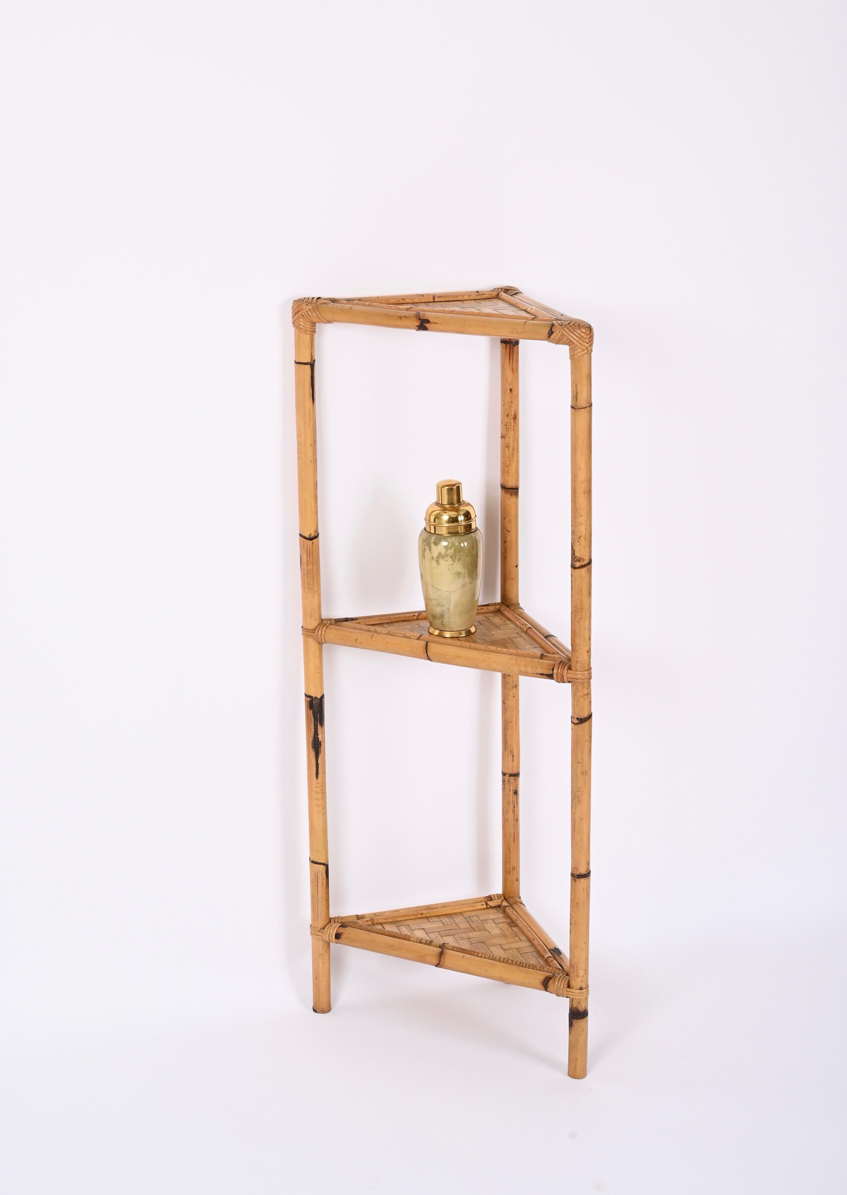 Mid-Century Triangular Bamboo and Rattan Italian Corner Bookcase, 1970s ...