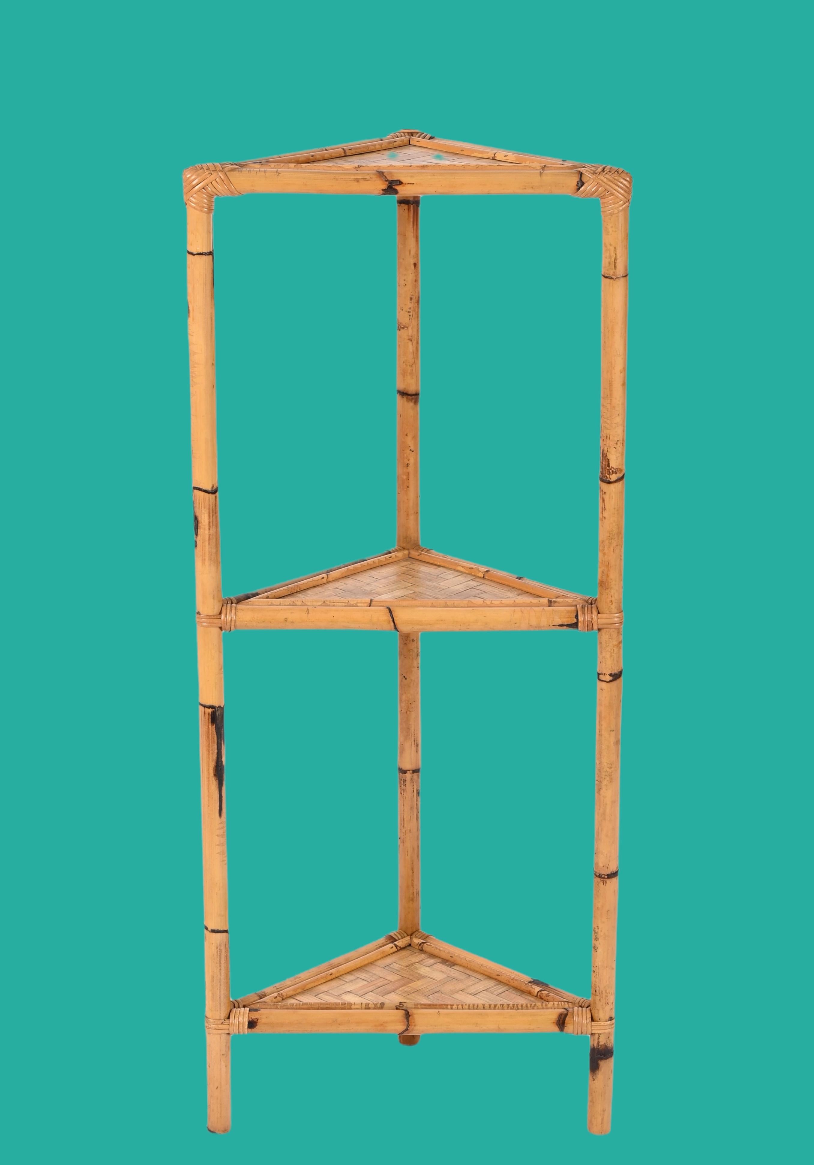 Mid-Century Triangular Bamboo and Rattan Italian Corner Bookcase, 1970s ...