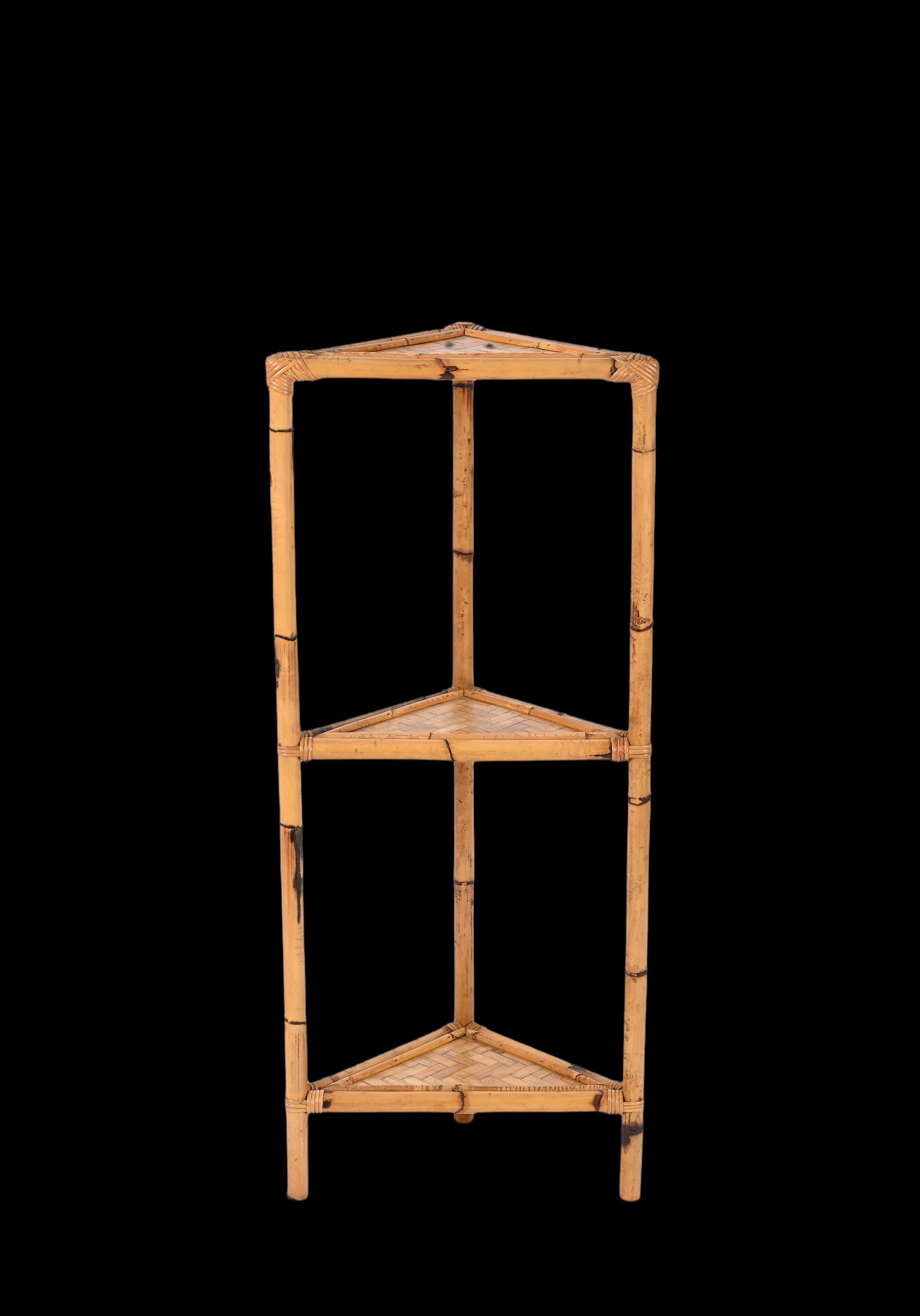 Mid-Century Triangular Bamboo and Rattan Italian Corner Bookcase, 1970s ...