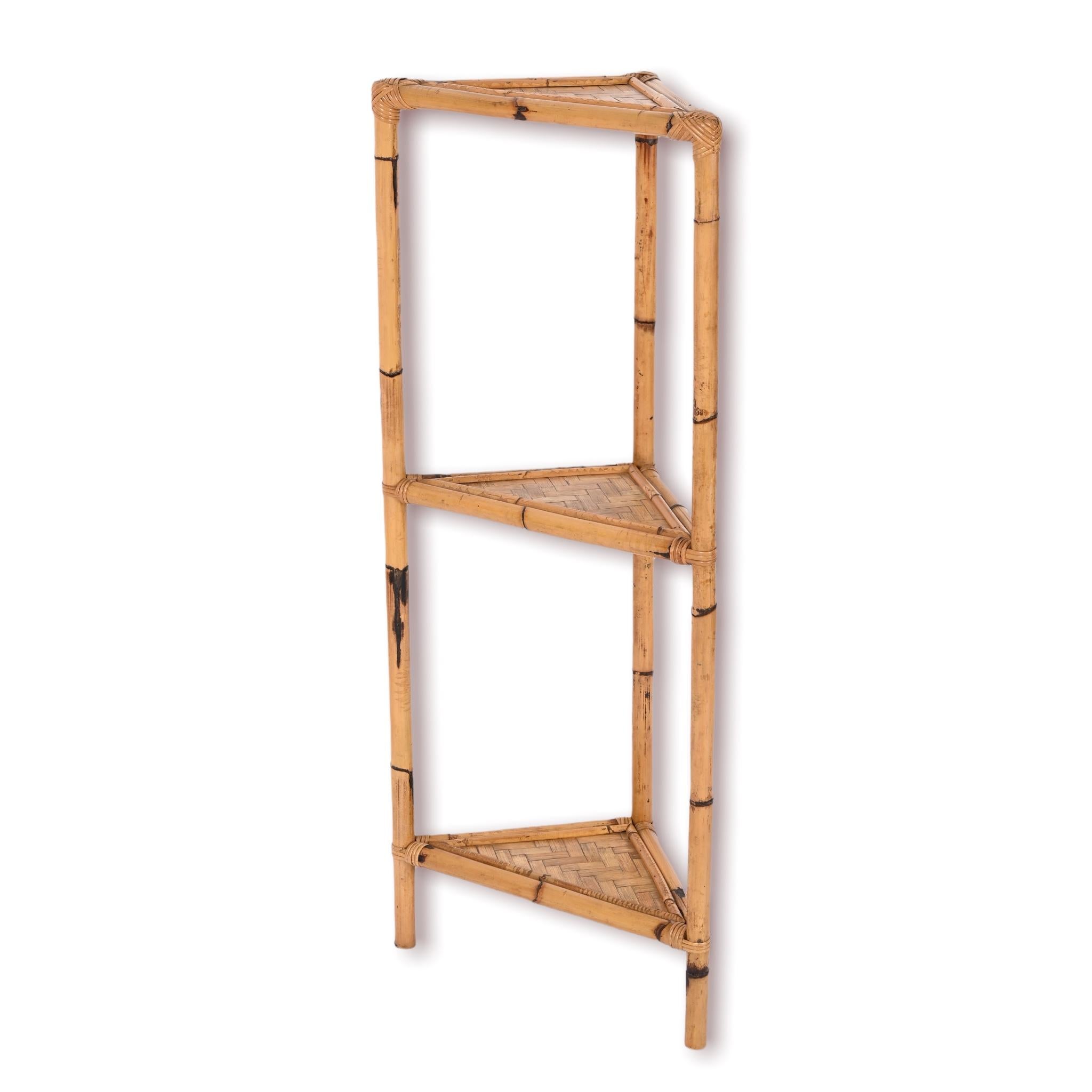 Mid-Century Triangular Bamboo and Rattan Italian Corner Bookcase, 1970s ...