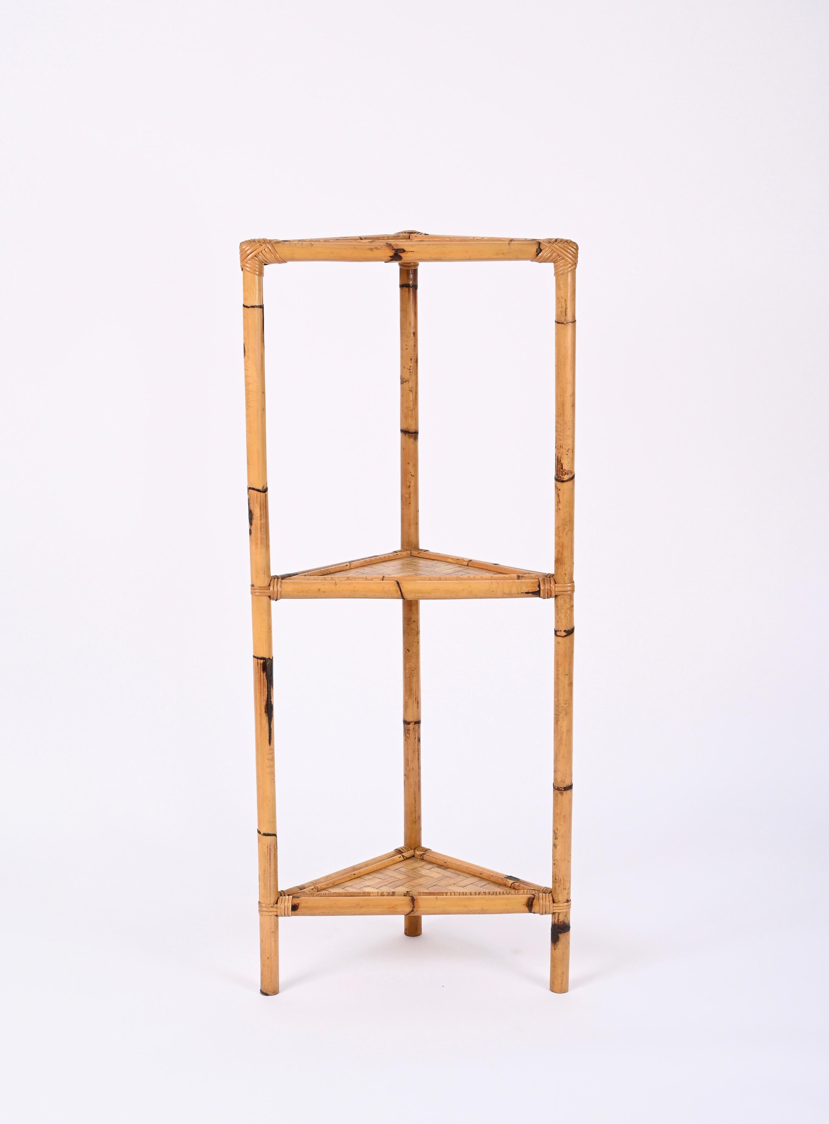 Mid-Century Triangular Bamboo and Rattan Italian Corner Bookcase, 1970s ...