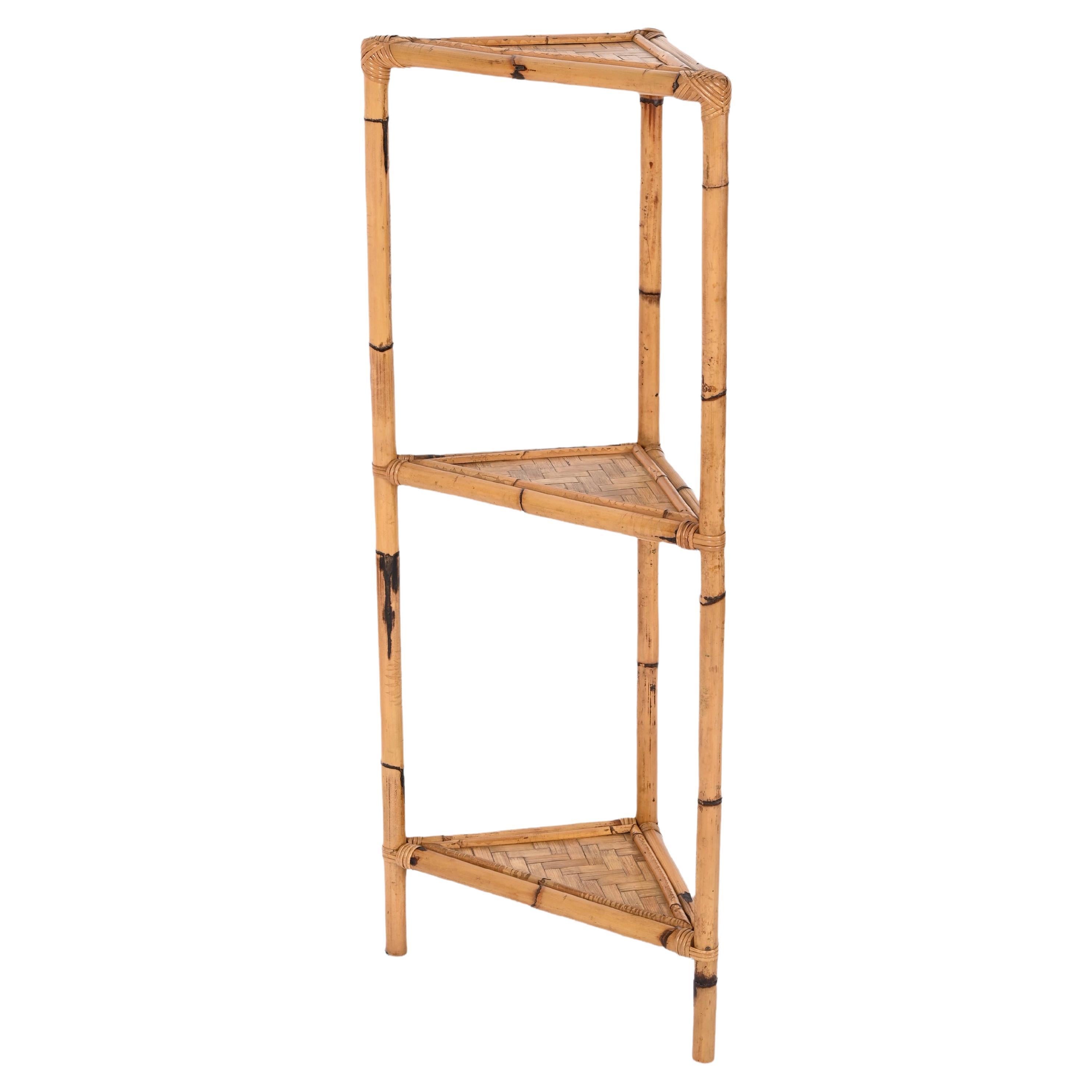 Mid-Century Triangular Bamboo and Rattan Italian Corner Bookcase, 1970s ...
