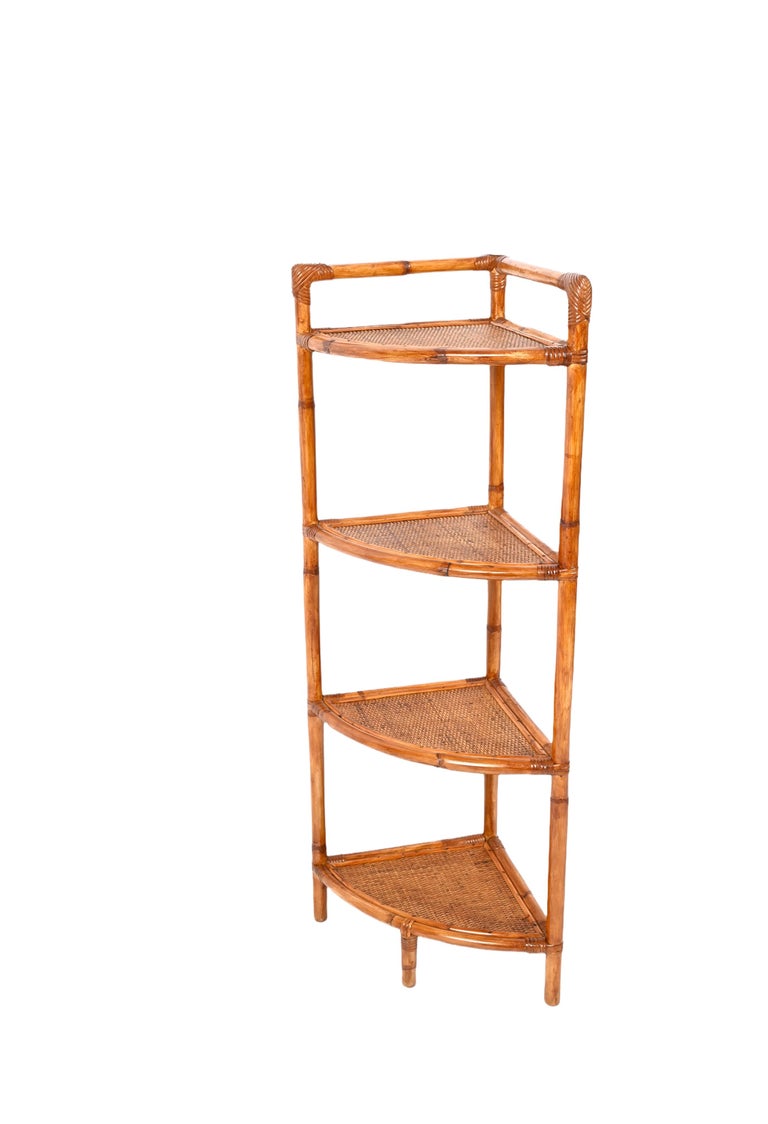 Midcentury Triangular Bamboo and Rattan Italian Corner Bookcase Shelves ...