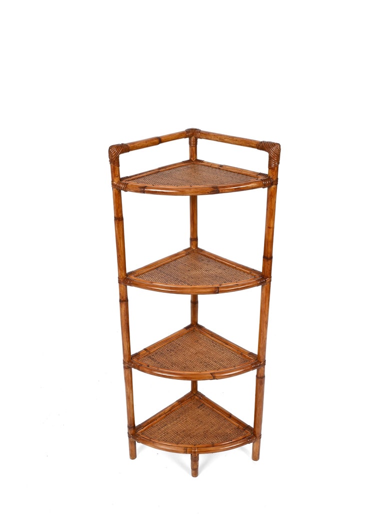 Midcentury Triangular Bamboo and Rattan Italian Corner Bookcase Shelves ...