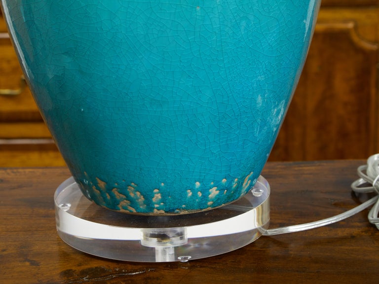 Midcentury Turquoise Table Lamp Mounted on Lucite Base, US Wired For ...
