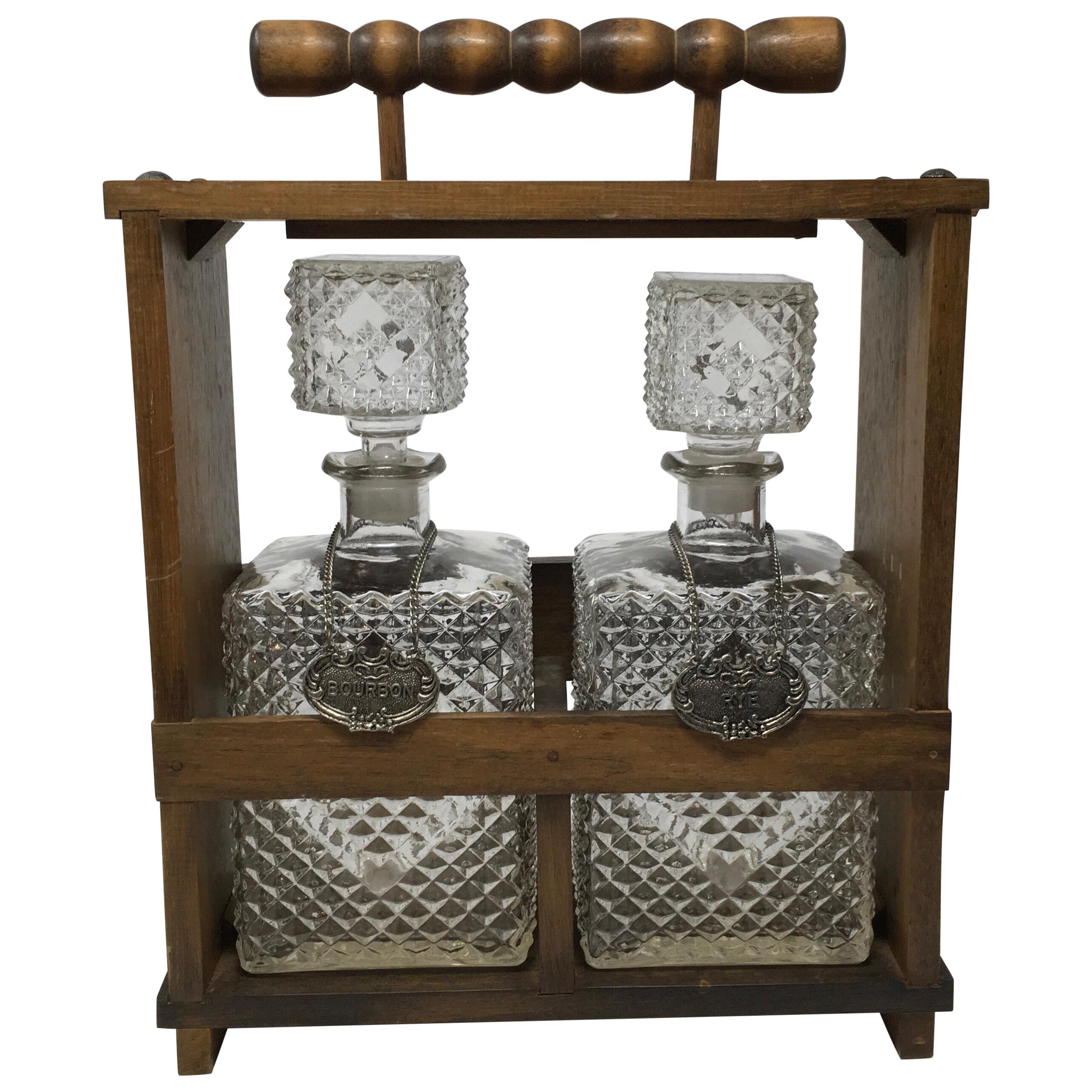 Midcentury Two Decanter Wood Tantalus at 1stDibs