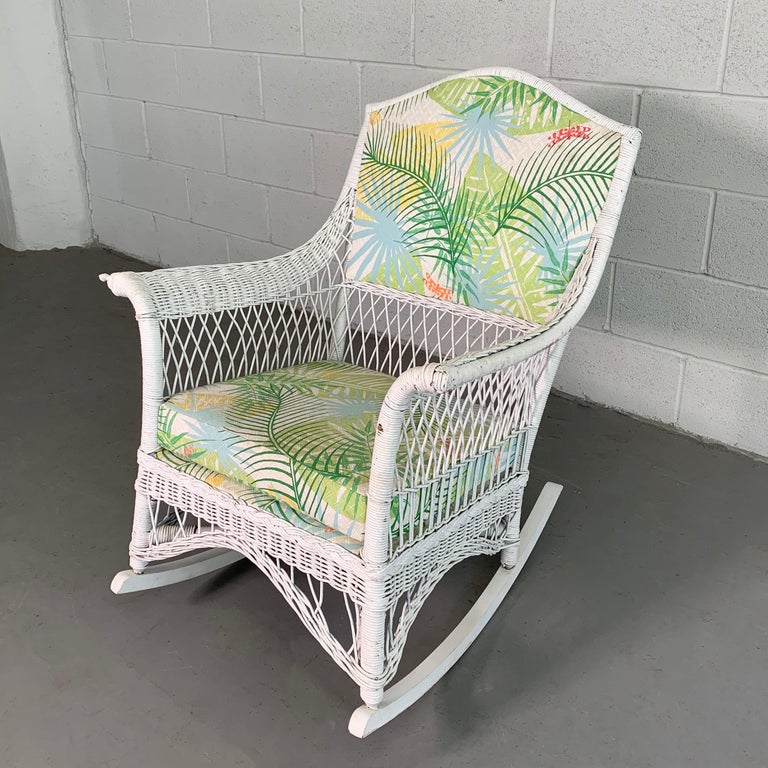 Midcentury Upholstered White Wicker Rocking Chair at 1stDibs | vintage ...
