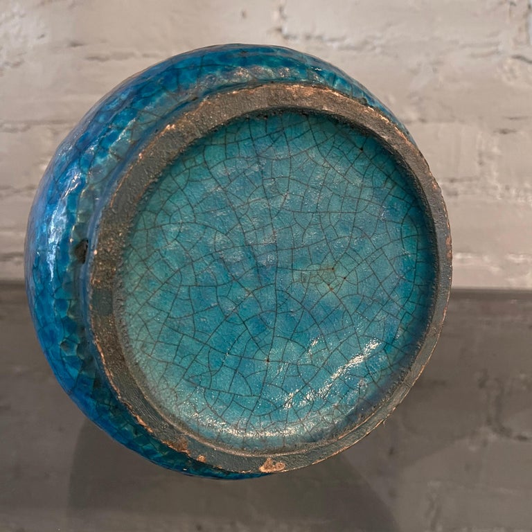 Midcentury Vibrant Blue Crackle Glaze Art Pottery Vase For Sale at 1stDibs