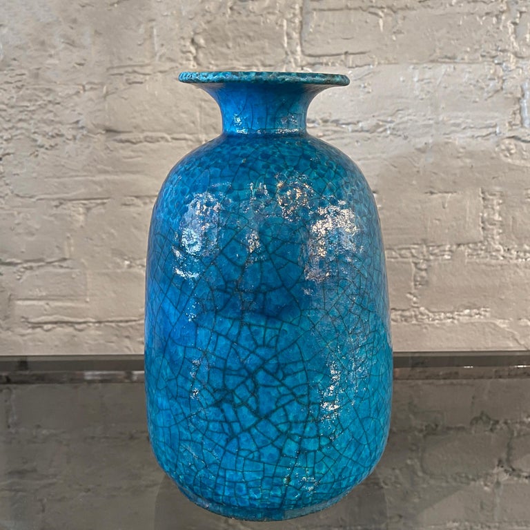 Midcentury Vibrant Blue Crackle Glaze Art Pottery Vase For Sale at 1stDibs
