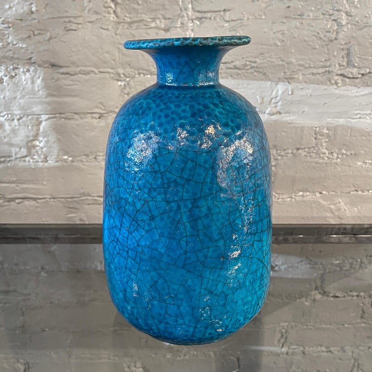 Midcentury Vibrant Blue Crackle Glaze Art Pottery Vase For Sale at 1stDibs