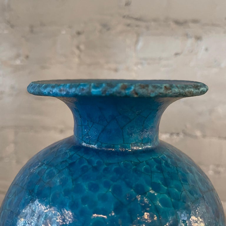 Midcentury Vibrant Blue Crackle Glaze Art Pottery Vase For Sale at 1stDibs