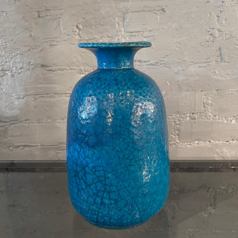 Midcentury Vibrant Blue Crackle Glaze Art Pottery Vase For Sale at 1stDibs