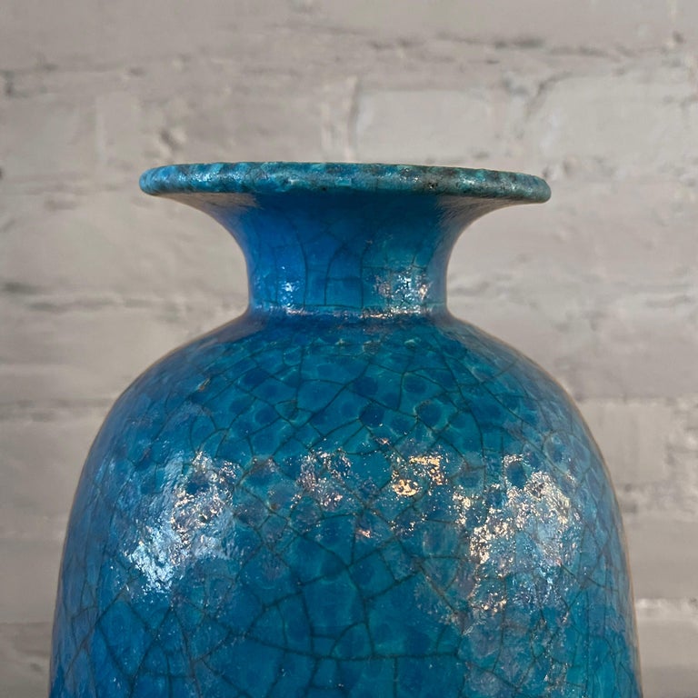 Midcentury Vibrant Blue Crackle Glaze Art Pottery Vase For Sale at 1stDibs