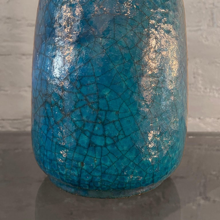 Midcentury Vibrant Blue Crackle Glaze Art Pottery Vase For Sale at 1stDibs