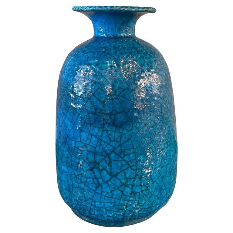 Midcentury Vibrant Blue Crackle Glaze Art Pottery Vase For Sale at 1stDibs