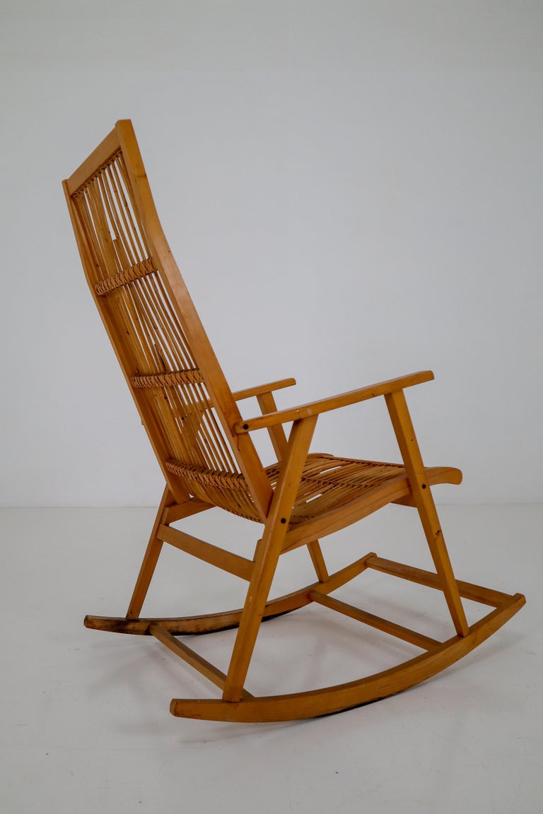 Midcentury Vintage Rocking Chair in Beechwood and Straw, Germany, 1960s ...