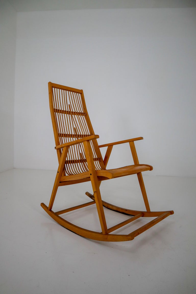 Midcentury Vintage Rocking Chair in Beechwood and Straw, Germany, 1960s ...