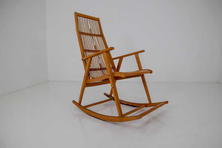 Midcentury Vintage Rocking Chair in Beechwood and Straw, Germany, 1960s ...