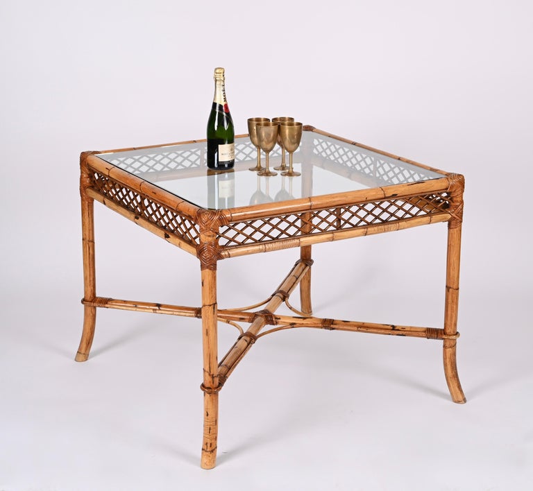 Midcentury Vivai del Sud Squared Bamboo Italian Dining Table with Glass ...