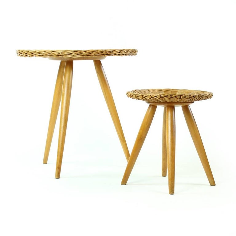 Midcentury Wicker Coffee Table with Stool by Uluv, Czechoslovakia ...
