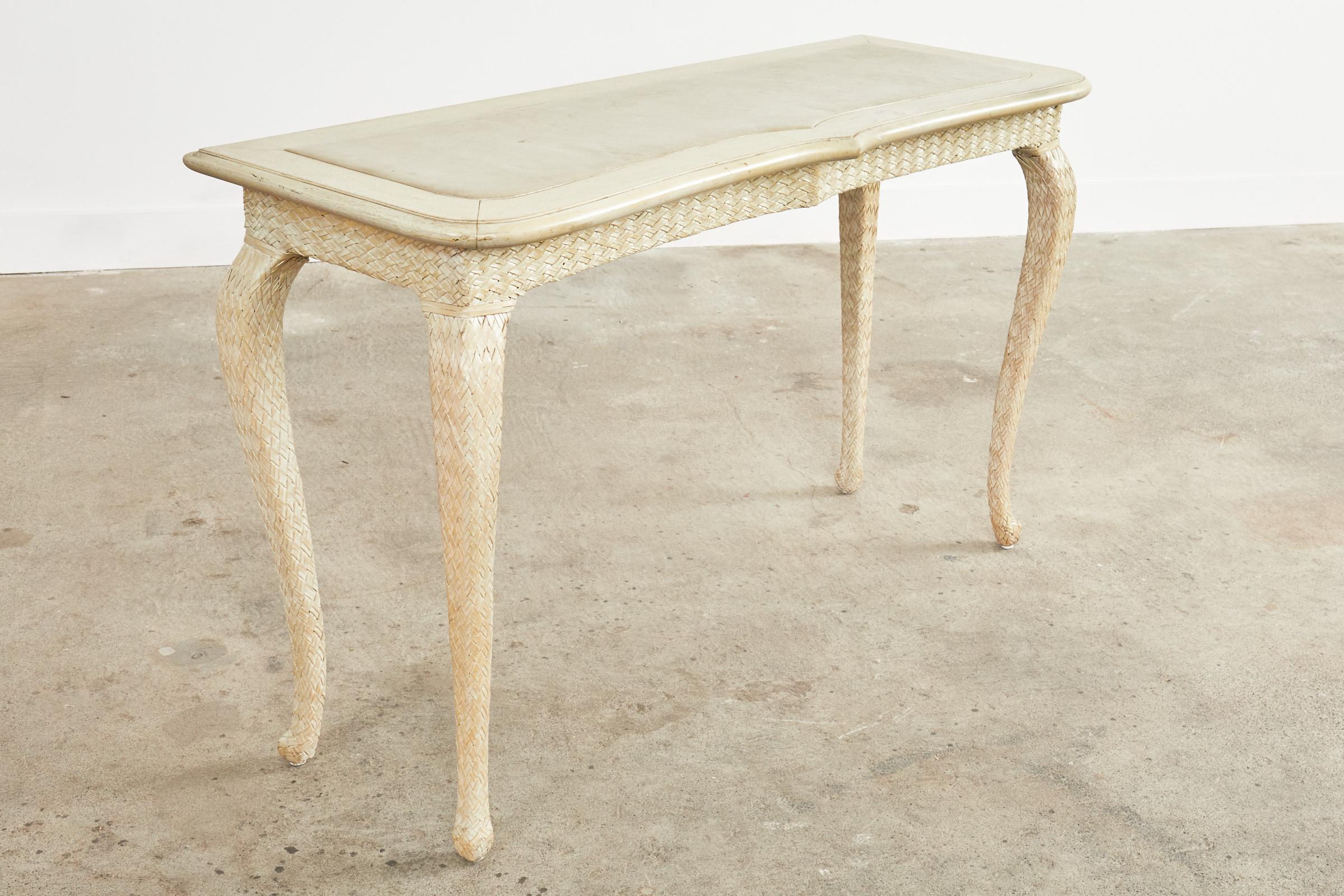 Mid-Century Woven Leather Wrapped Console Sofa Table at 1stDibs