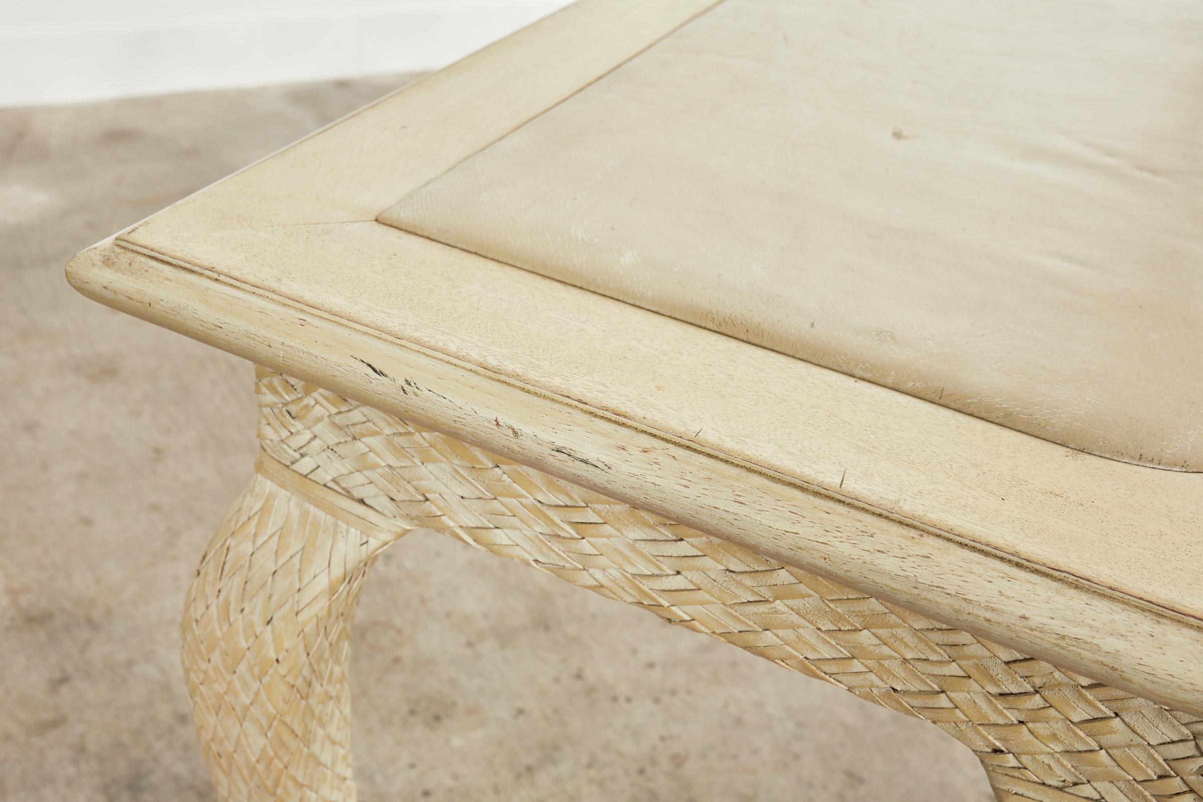 Mid-Century Woven Leather Wrapped Console Sofa Table at 1stDibs