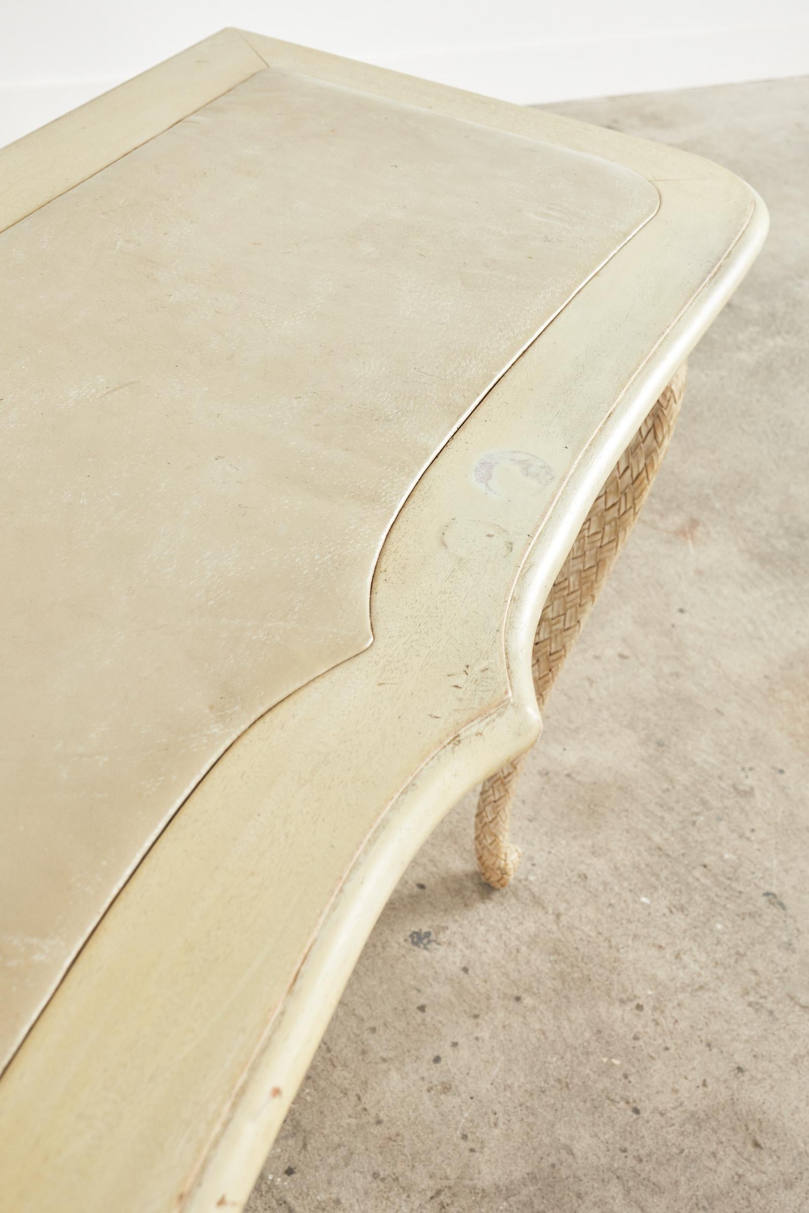 Mid-Century Woven Leather Wrapped Console Sofa Table at 1stDibs