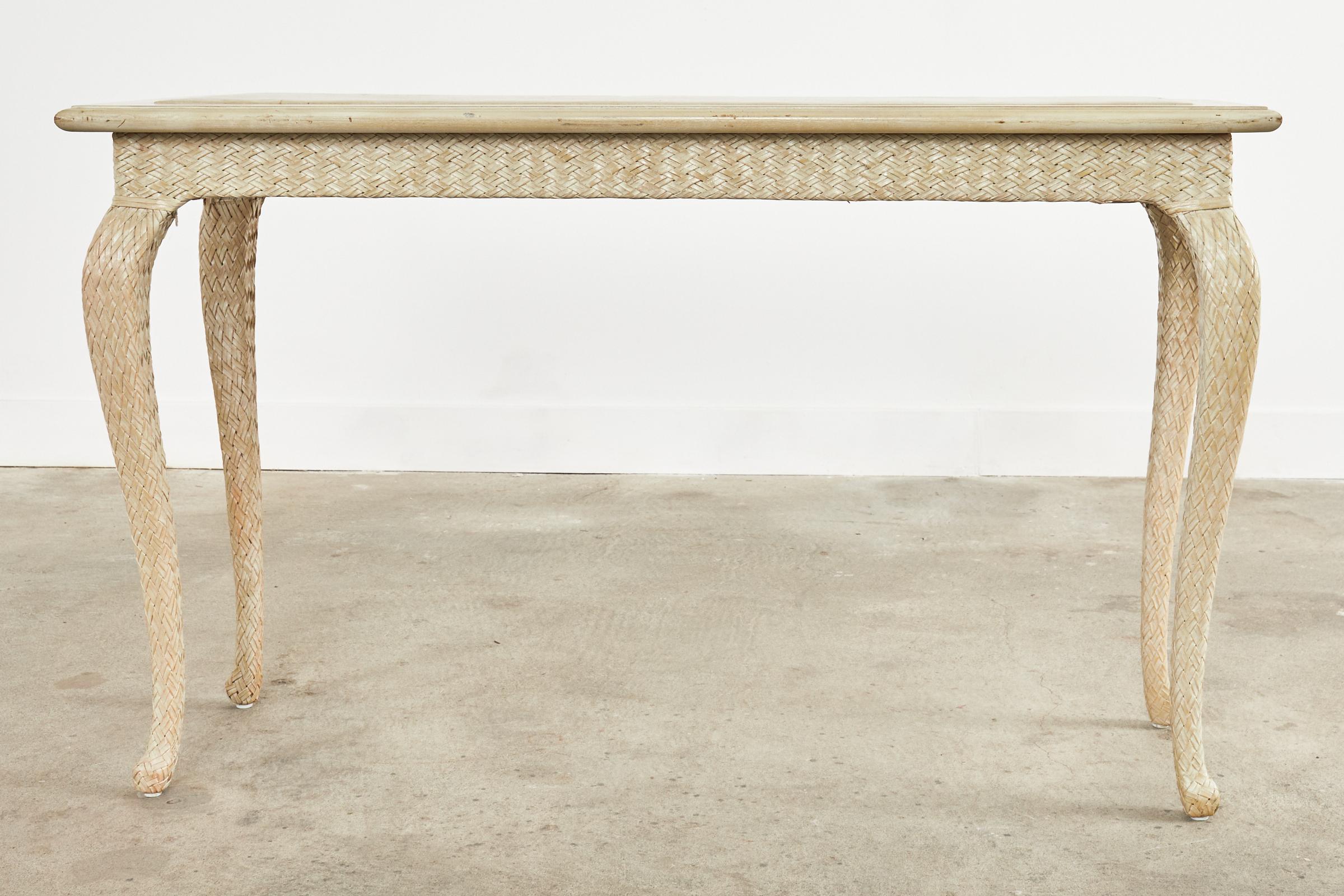 Mid-Century Woven Leather Wrapped Console Sofa Table at 1stDibs