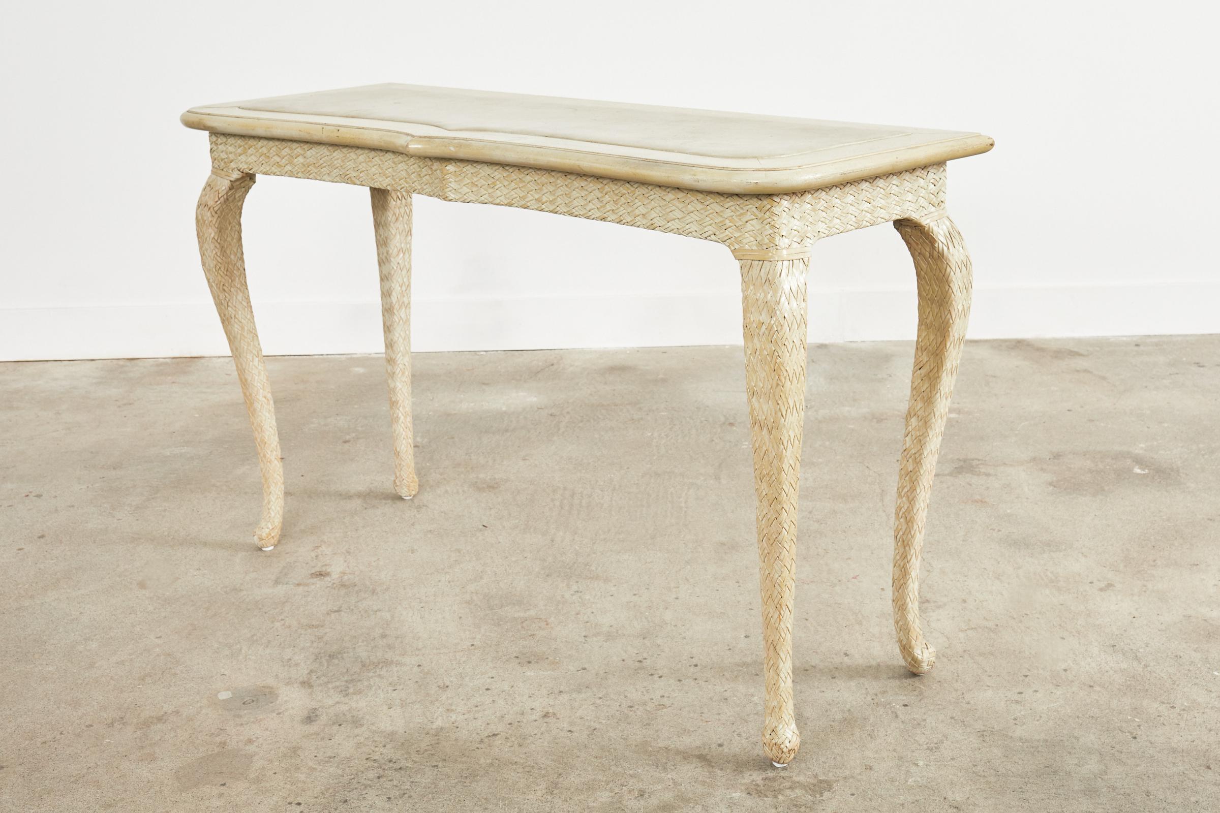 Mid-Century Woven Leather Wrapped Console Sofa Table at 1stDibs