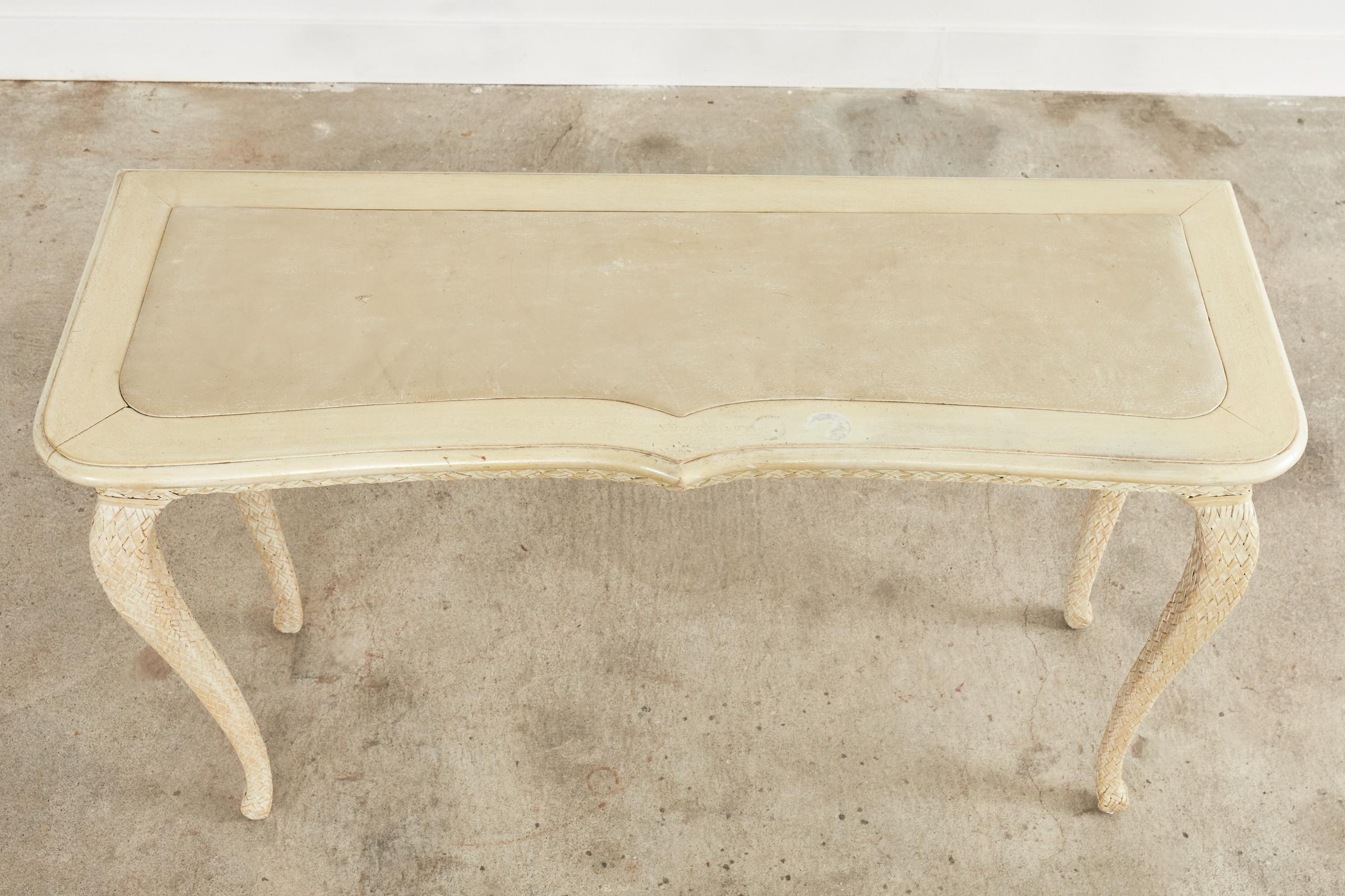 Mid-Century Woven Leather Wrapped Console Sofa Table at 1stDibs