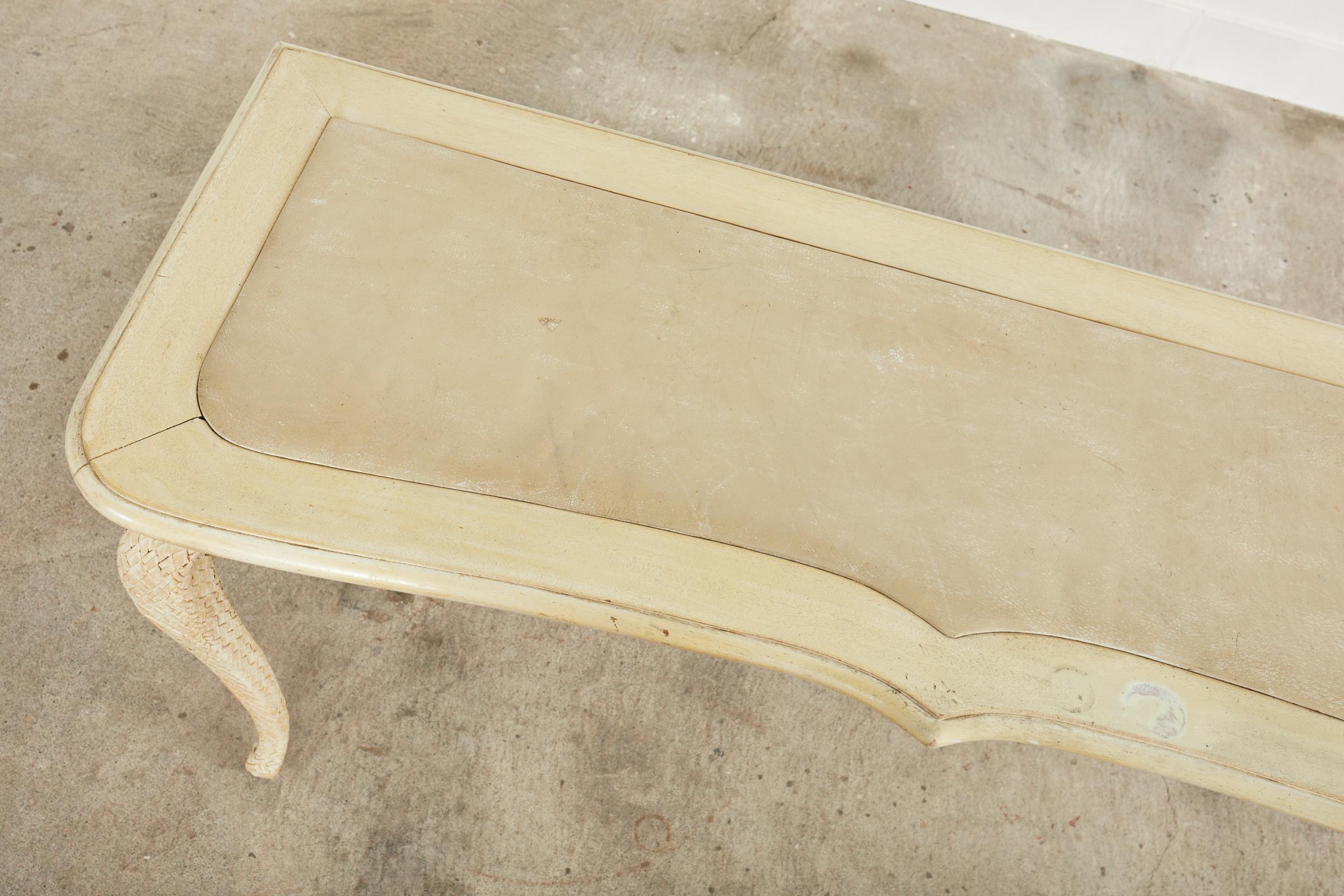 Mid-Century Woven Leather Wrapped Console Sofa Table at 1stDibs