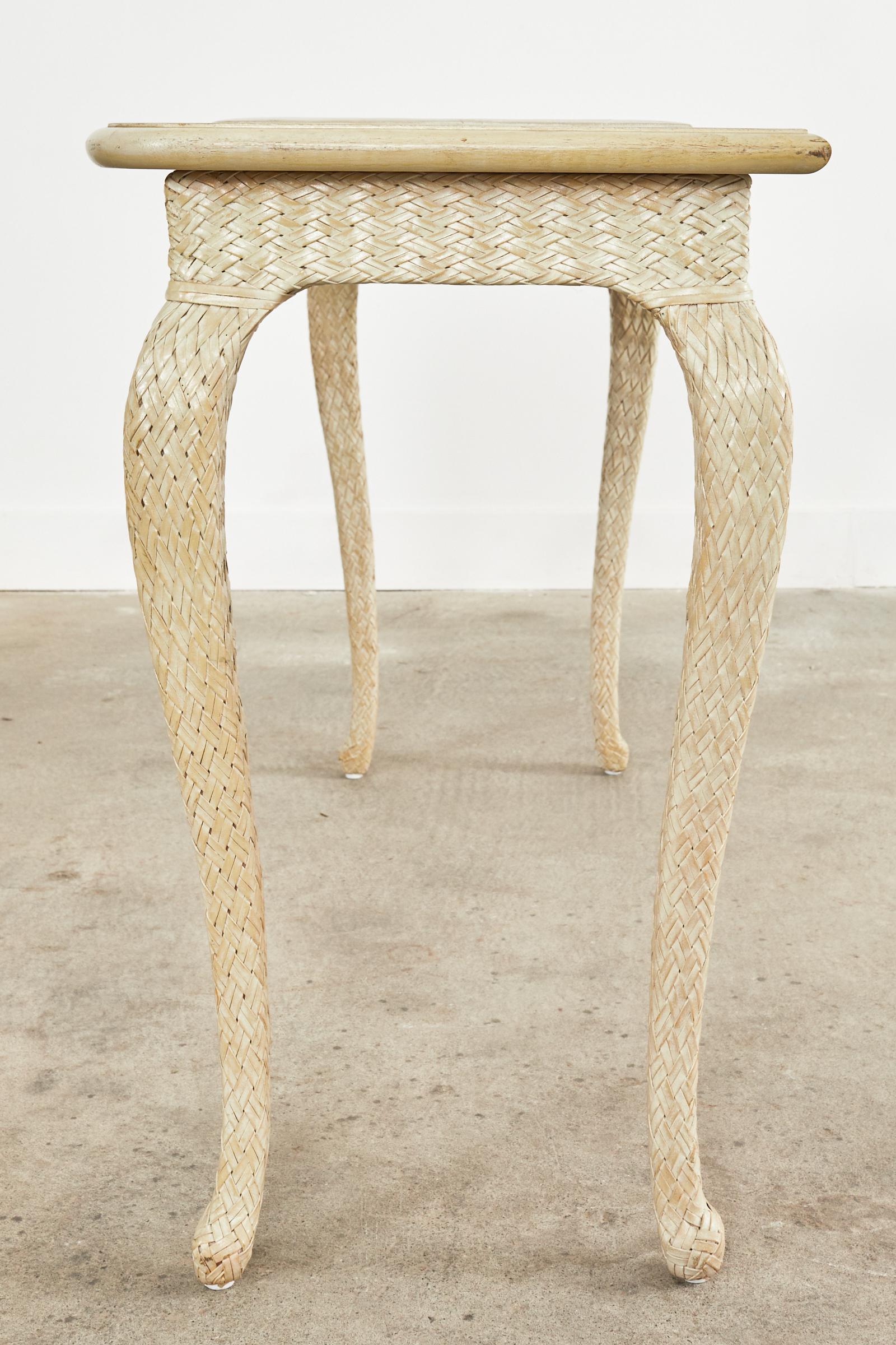 Mid-Century Woven Leather Wrapped Console Sofa Table at 1stDibs